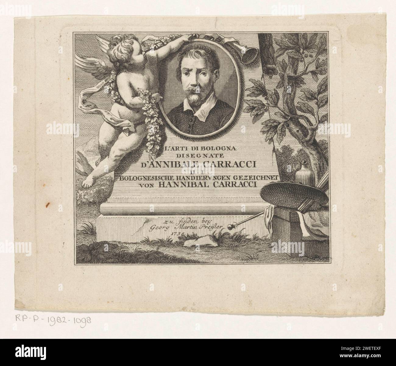 Portret Annibale Caracci, Anonymous, 1738 print Monument with oval ...