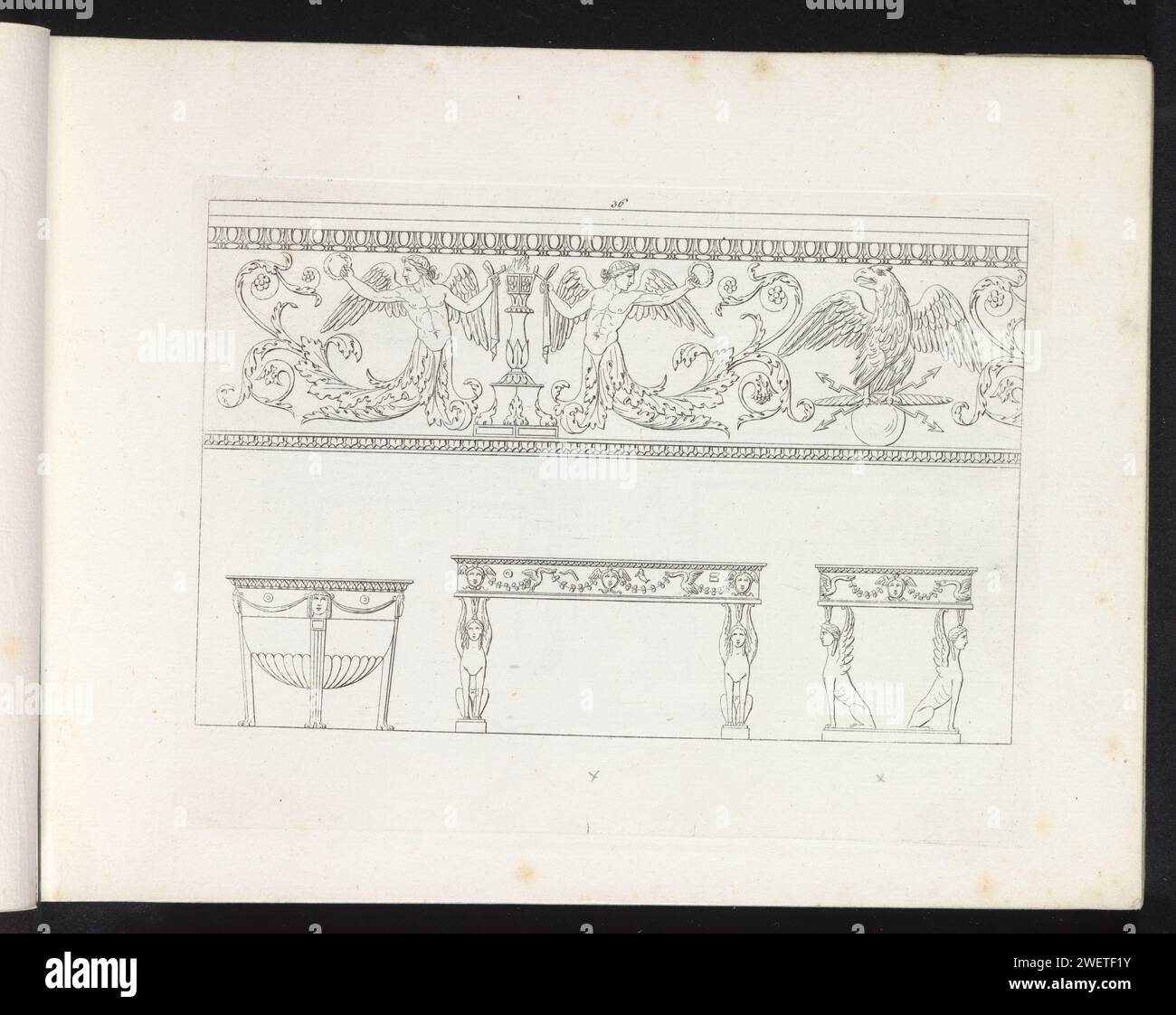 Three tables and an ornamental Frisian with winged figures and an eagle ...