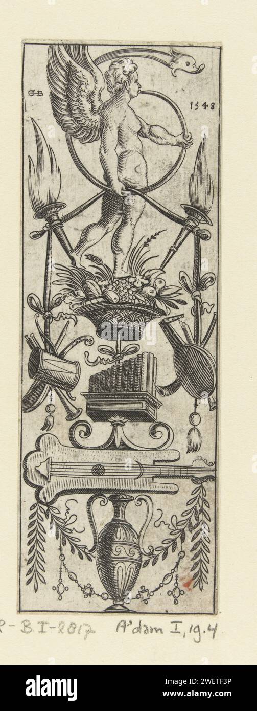 Winged figure with a wind instrument, 1548 print On a fruit basket is a ...