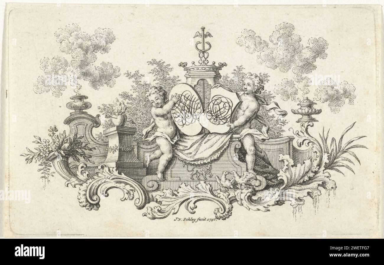 Putti with two coats of arms, Jacob van der Schley, 1746 print For a ...