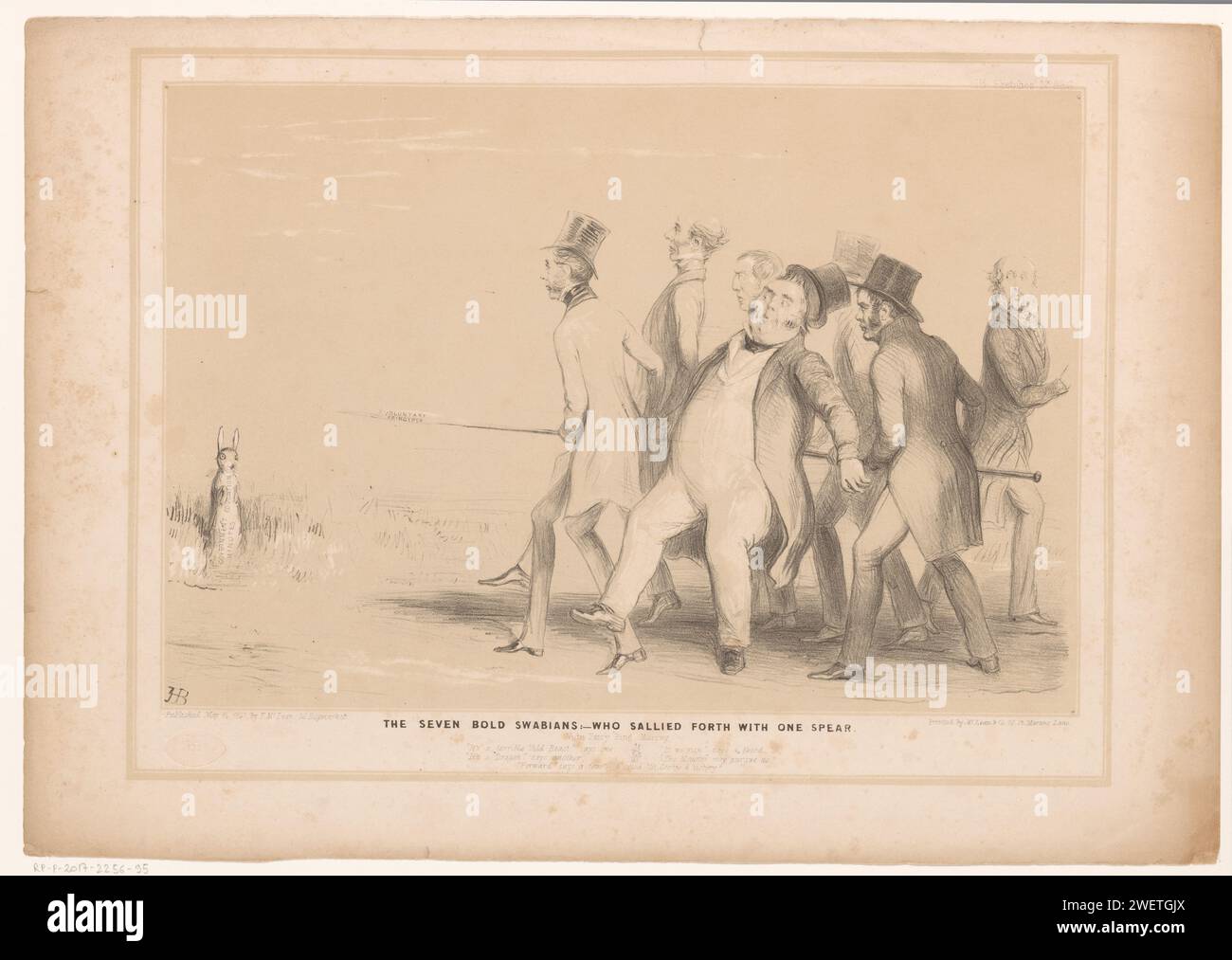 Cartoon with seven men who attack a hare with a spear, John Doyle, 1847 ...