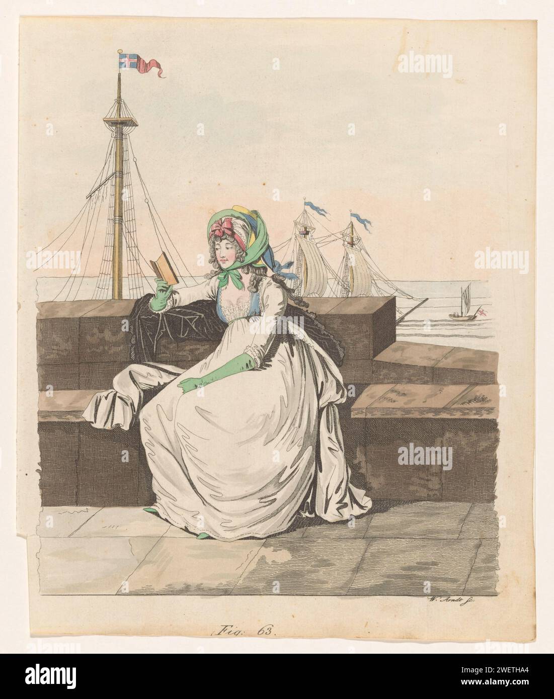 Reading woman on a quay, sailing ships in the background, 1799 - 1813 ...