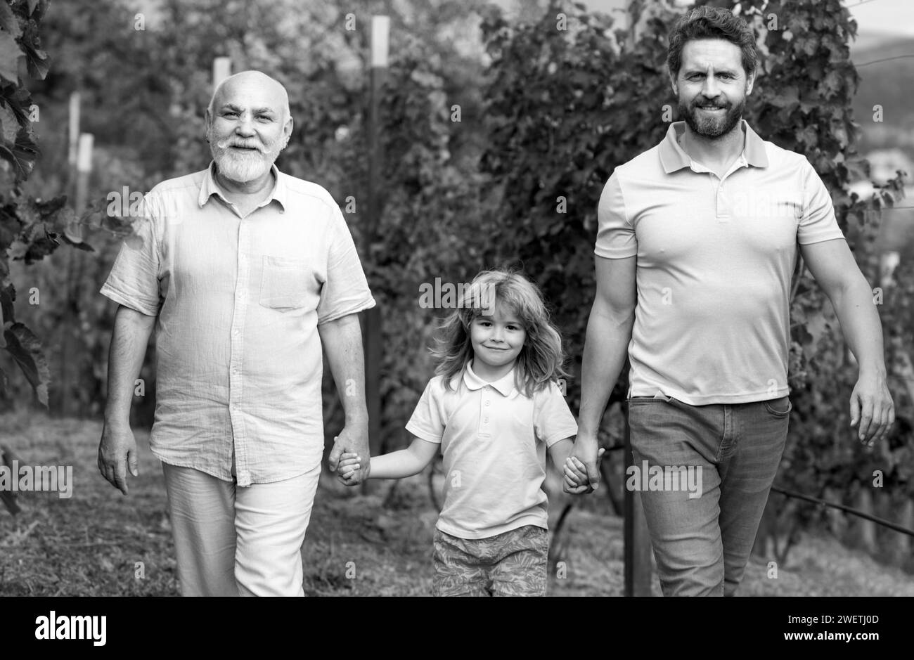 Men generation grandfather father and son walking in garden. Fathers ...