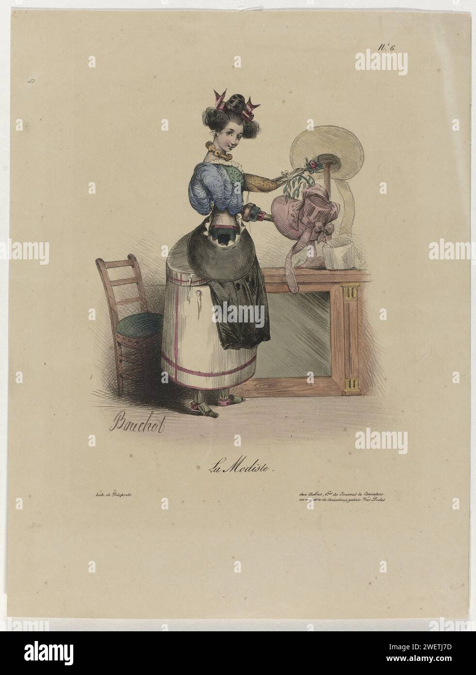 The Modiste, 1832, No. 6, c. 1832 A fashionist with two canopy hats in ...