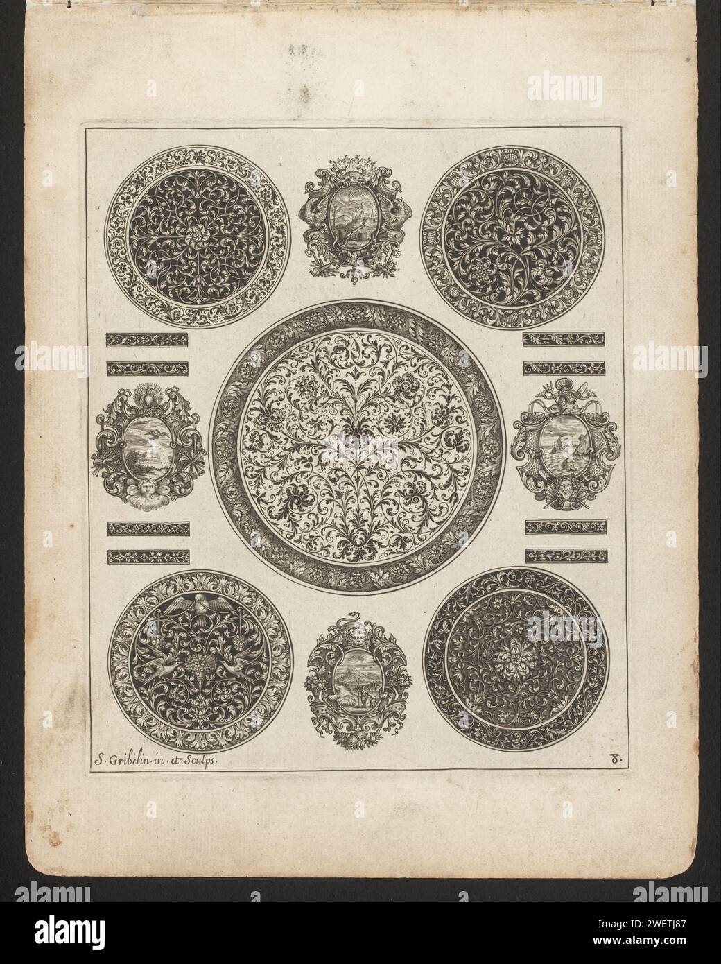Five circular ornaments and the four elements in coats of arms, 1704 print Numbered: 8. paper ...