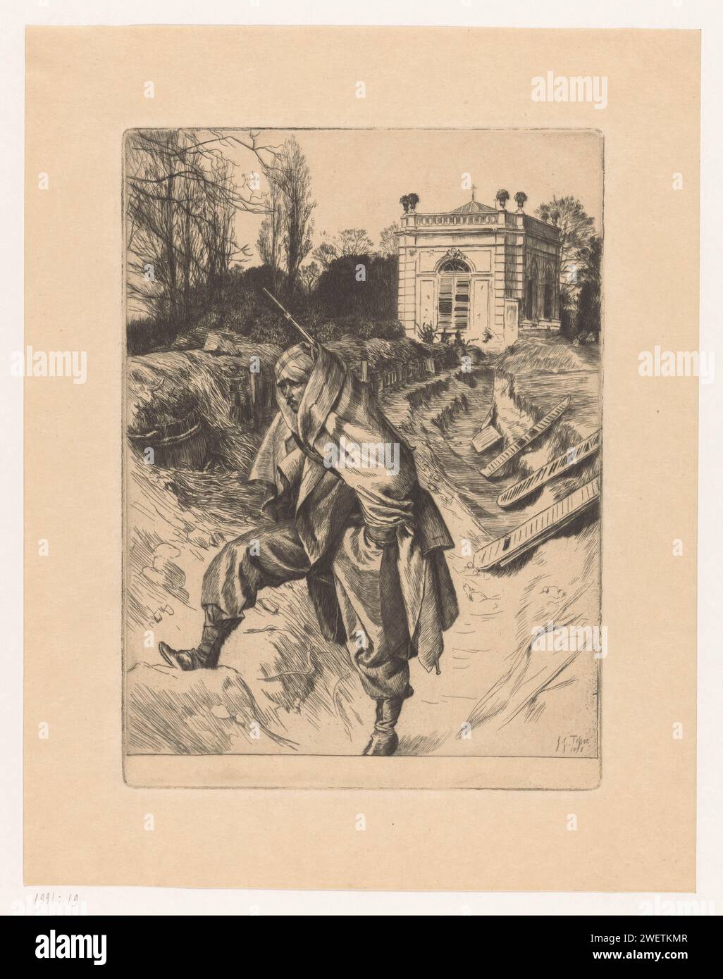 Soldier in a trench with a guardhouse in the background, James Tissot ...
