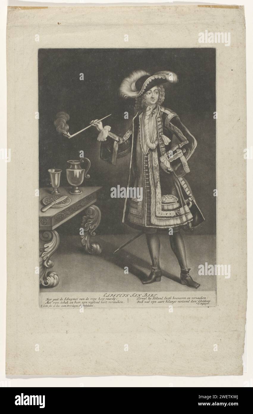 Portrait captain Jan Bart, standing with Pijp, Jacob Gole, c. 1670 - c ...