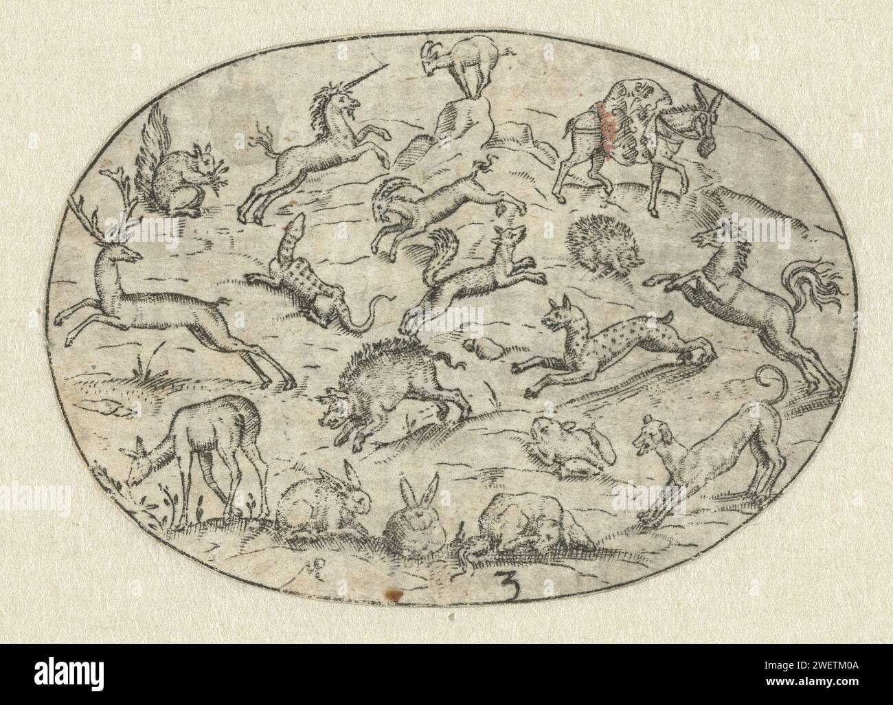 Oval with eighteen animals, 1594 print At the top left, a unicorn runs ...