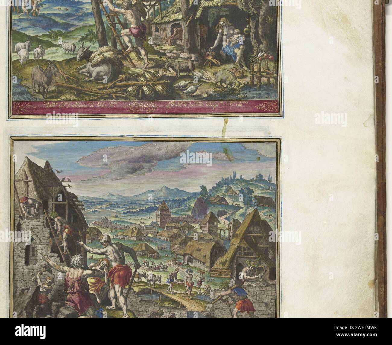 Cain builds the city of Enoch, 1583 print In the foreground Cain ...