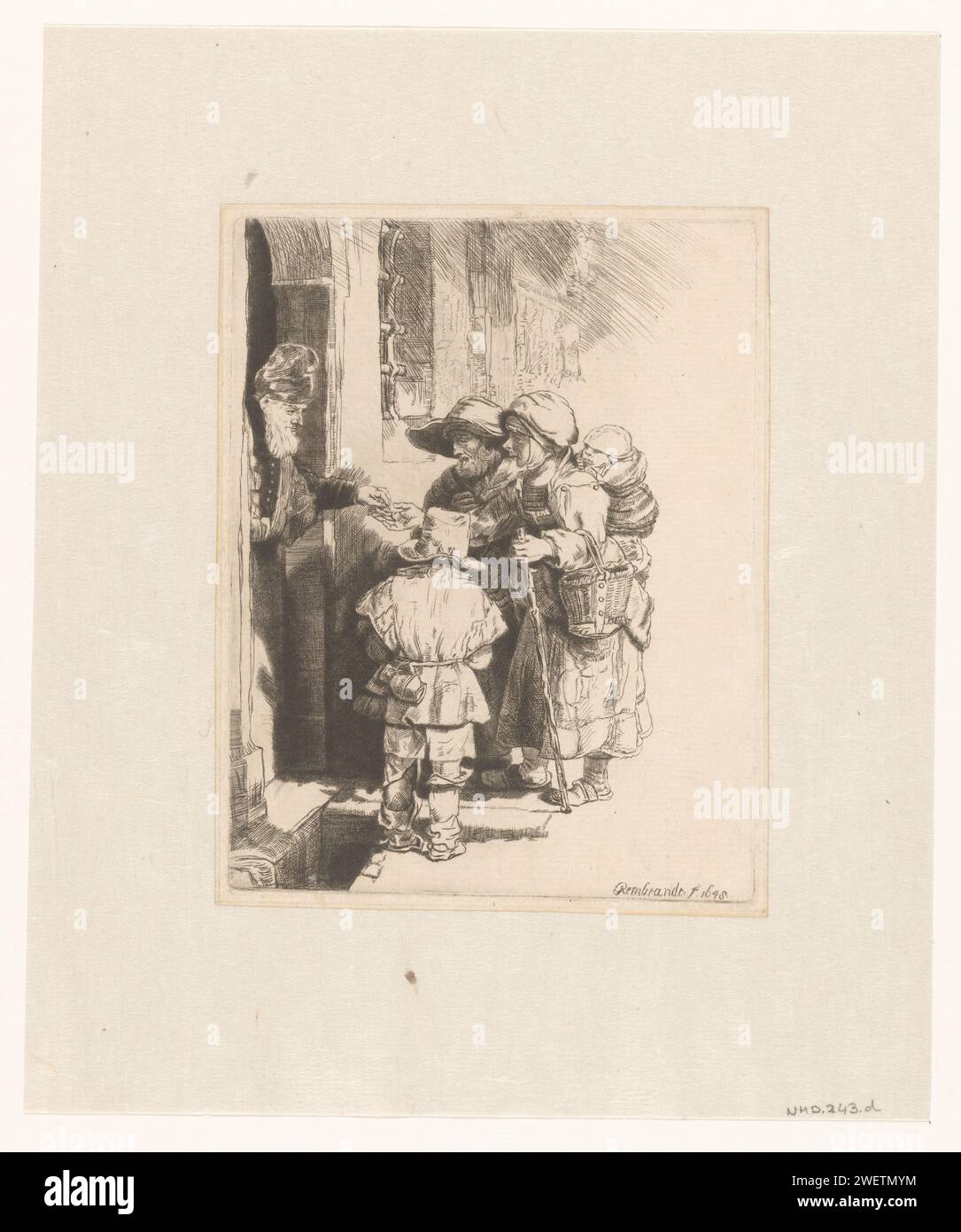 A blind hurdy-gurdy player and family receiving alms, William Baillie ...