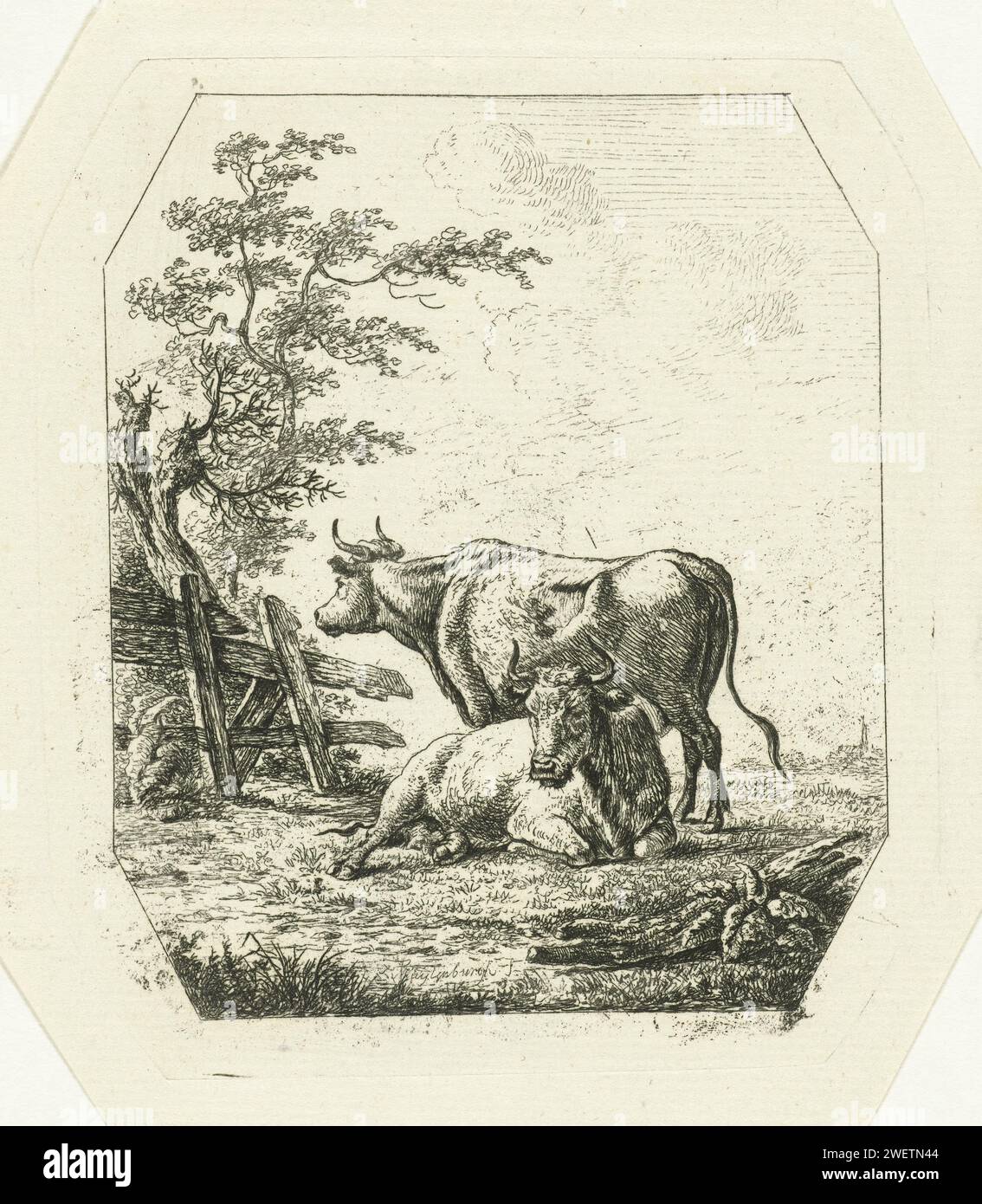 Two cows near a fence, Johannes van Cuylenburgh, 1803 - 1841 print ...