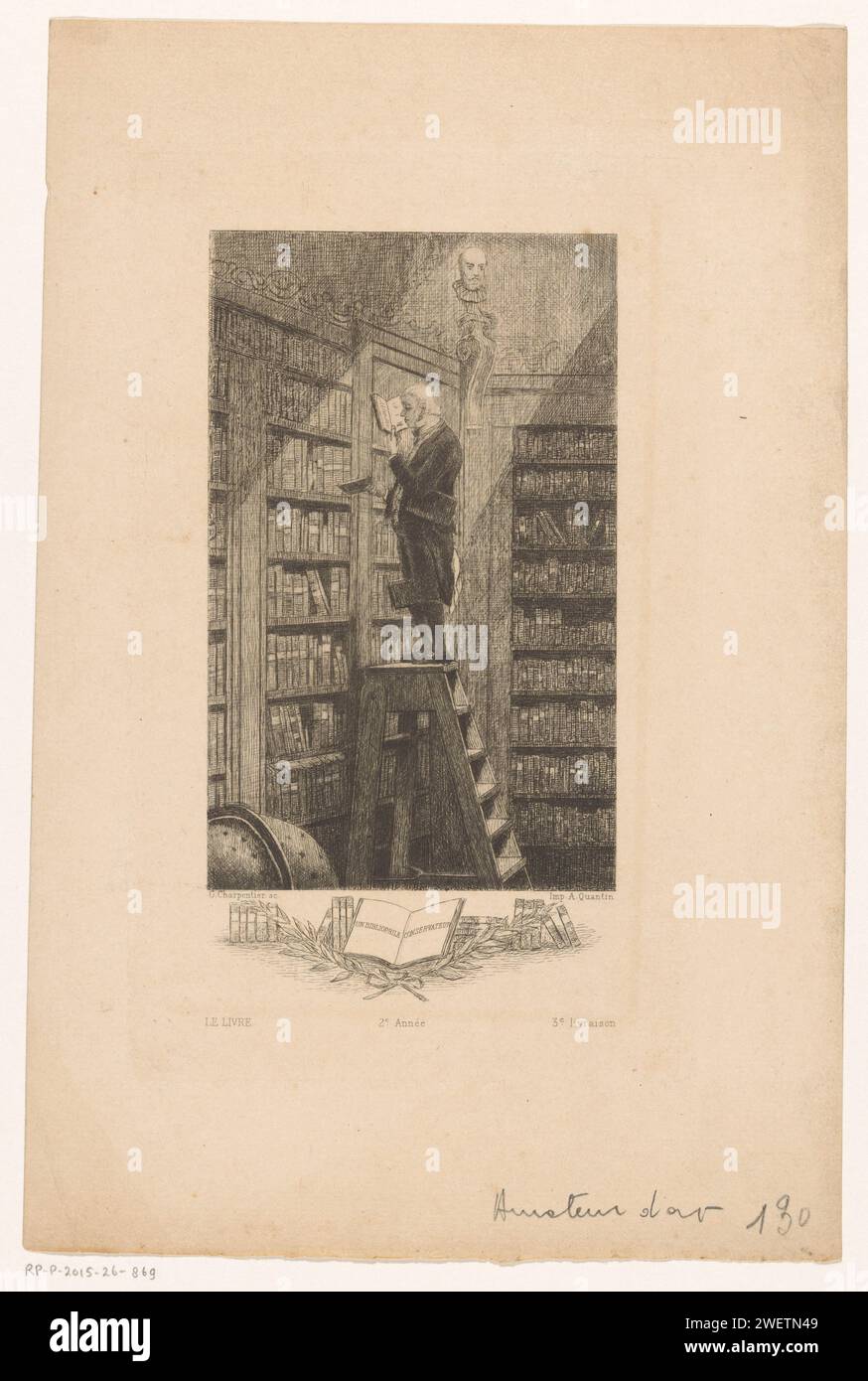 Man on a ladder in a library, 1881 print The title on an open book with ...
