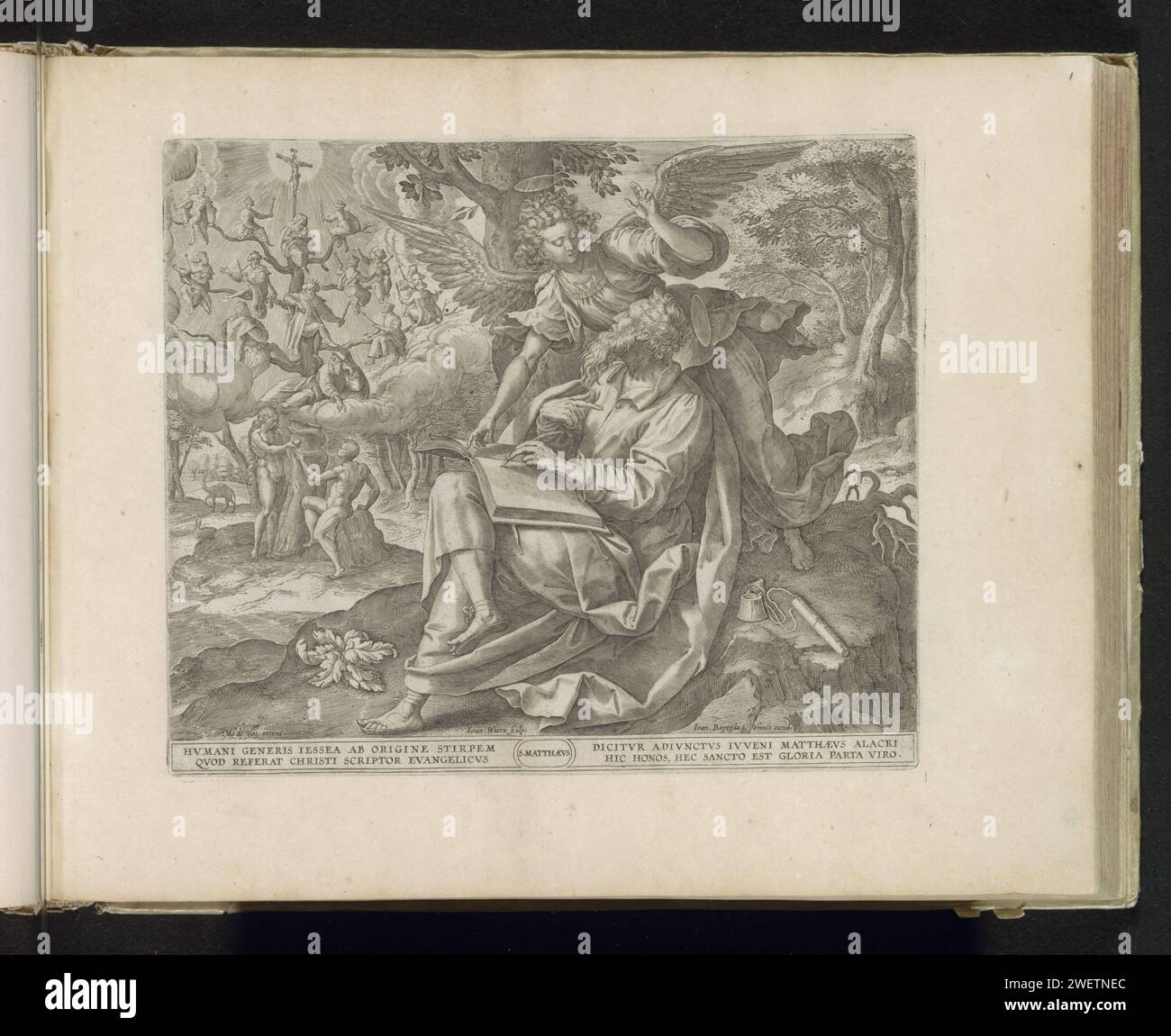 The evangelist Matthew writes the gospel, 1585 print The evangelist ...