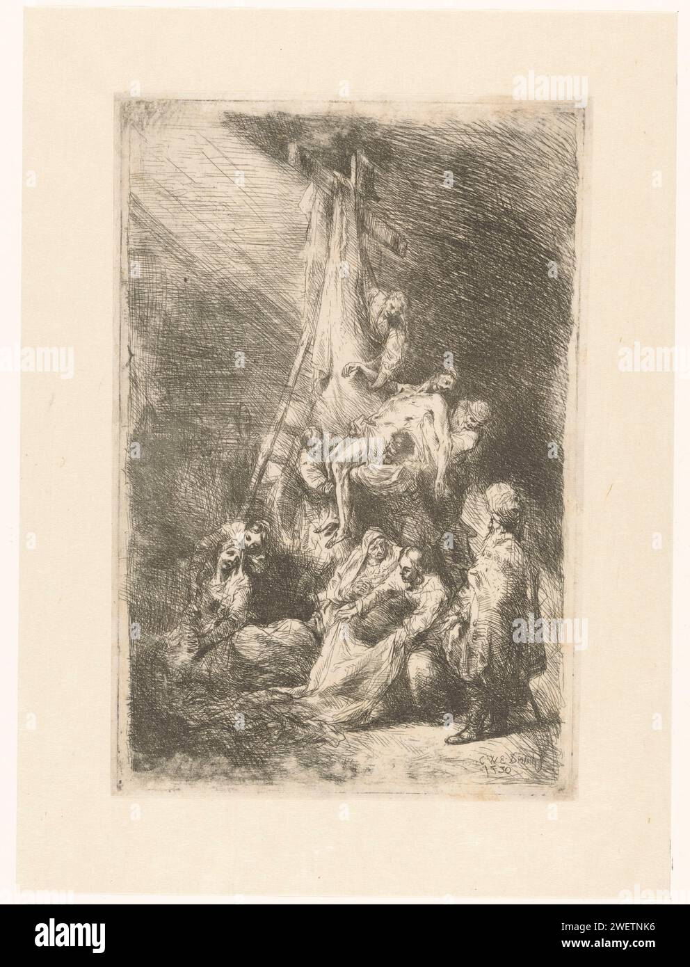 Crossing, 1730 print paper etching descent from the cross: Christ is ...