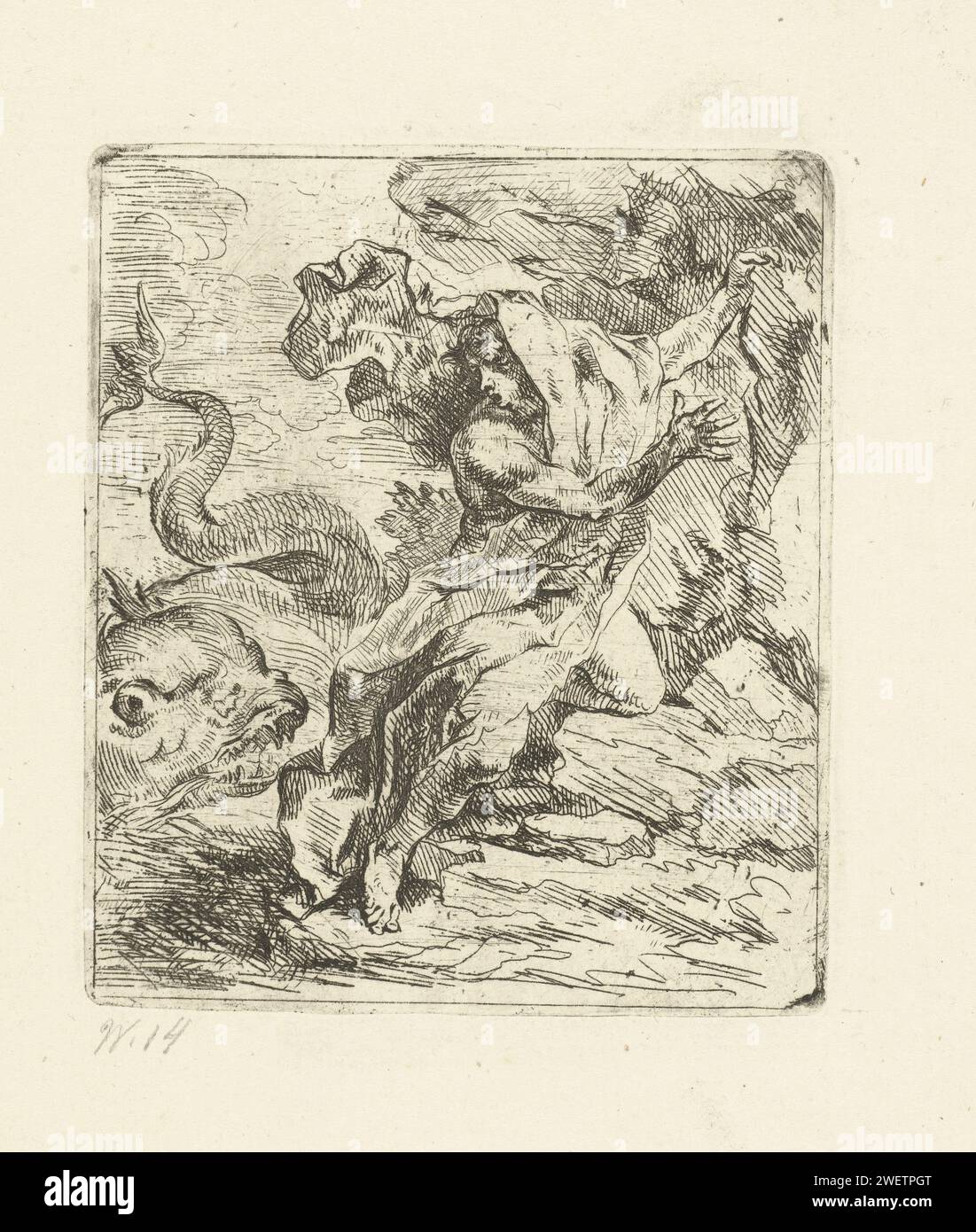Young man on the coast, fleeing for a sea monster, Louis Deyster, 1666 ...
