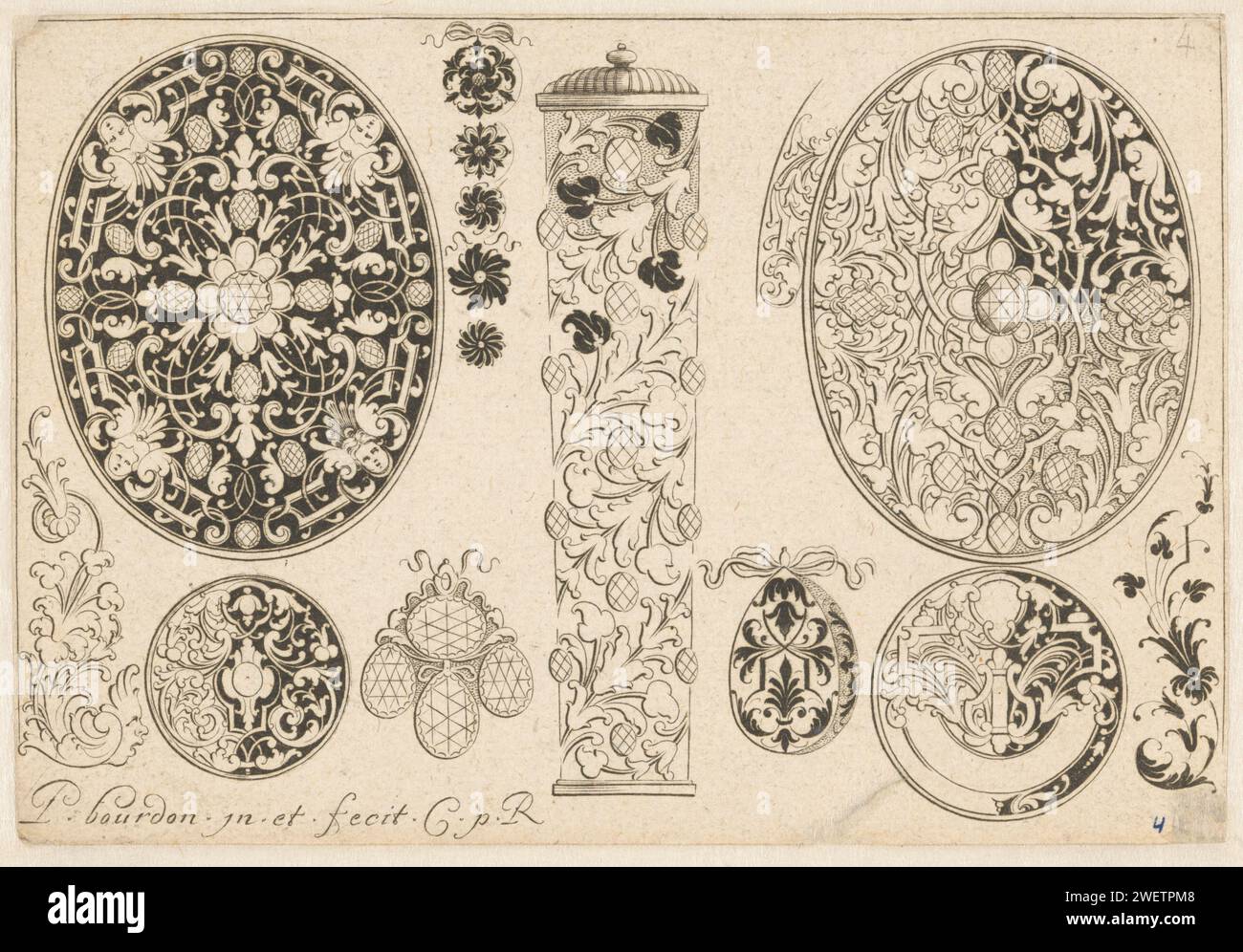 Several designs, Pierre Bourdon, 1703 print Leaf from series of seven ...