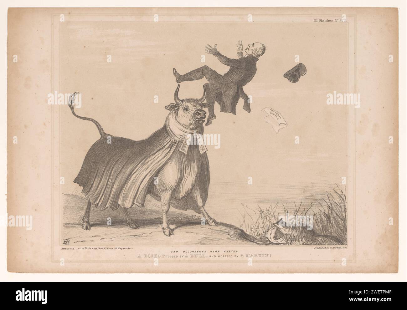 Cartoon with the bishop of Exeter taken by a bull on the horns, John ...