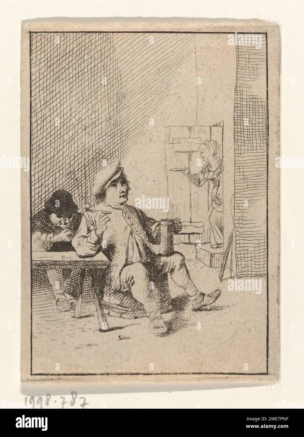 Seated farmer with jug and pipe, anonymous, After David Teniers (II), 1626 - 1740 print A farmer ...