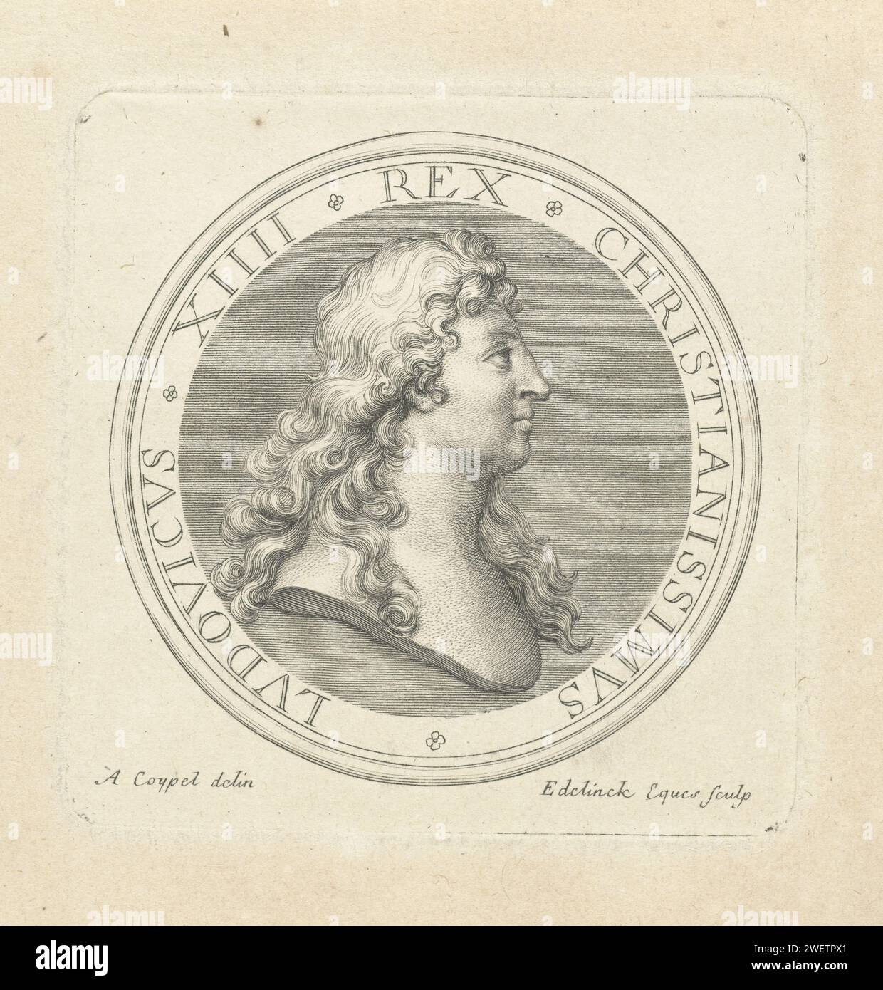 Penning with bust of Louis XIV, Gerard Edelinck, after Antoine Coypel ...