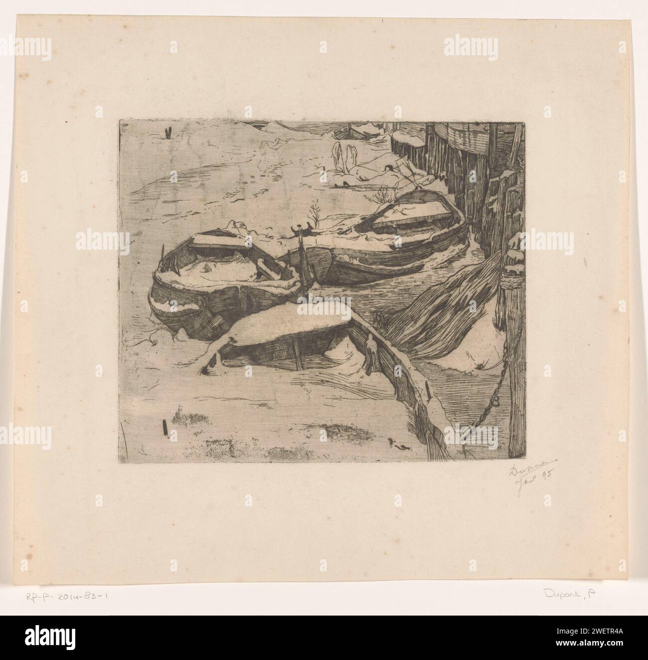 Three snowy rowing boats at a shore, 1895 print The boats are in the ...