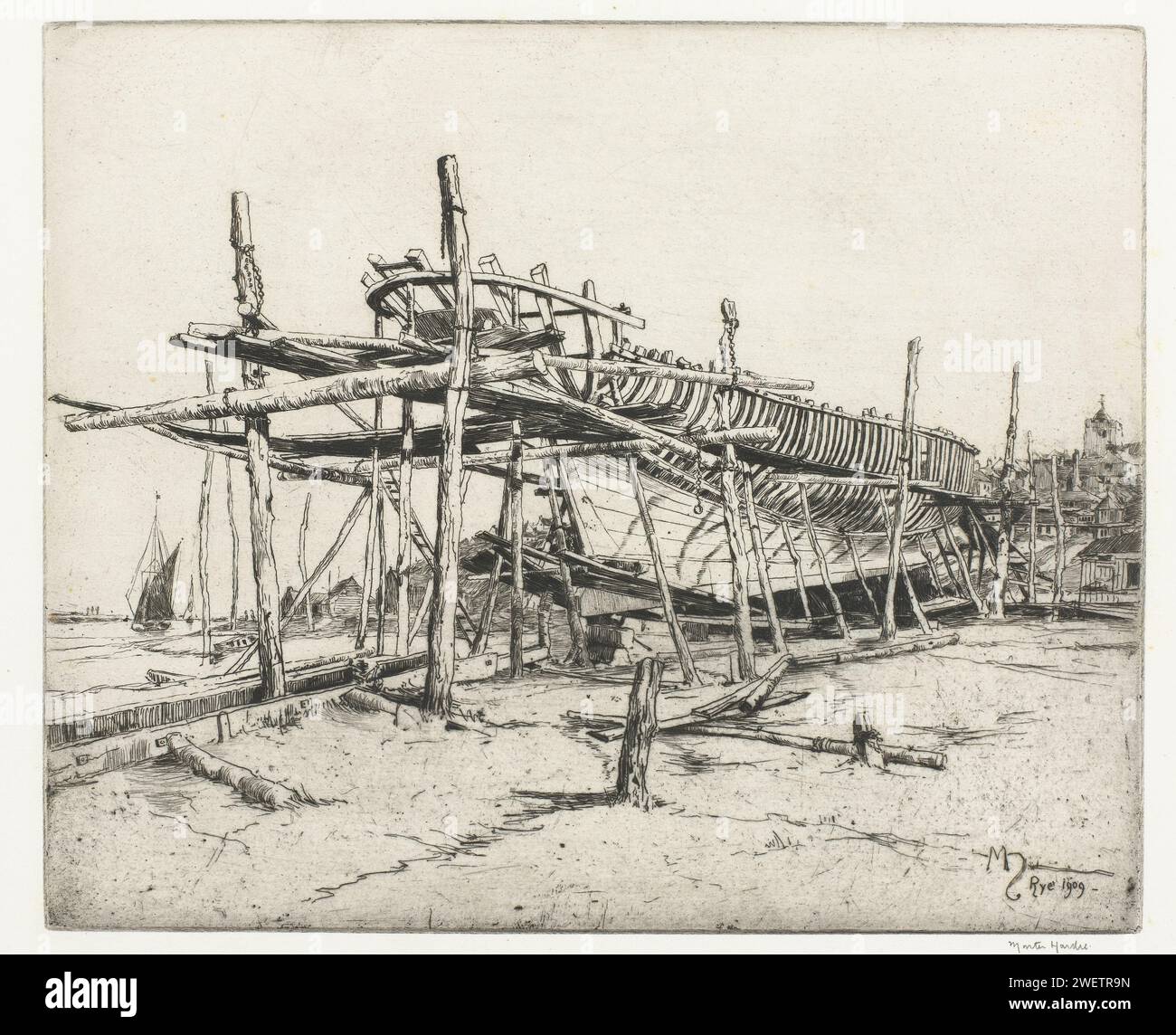 Wooden construction of a boat on the beach near Rye, Martin Hardie ...