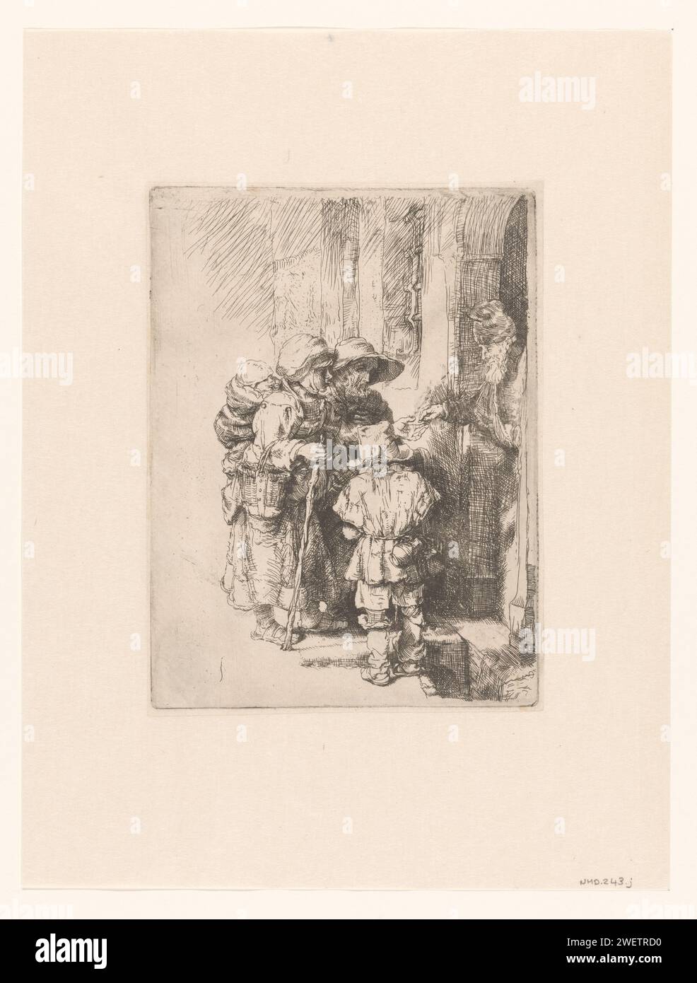 A blind hurdy-gurdy player and family receiving alms, anonymous, after ...