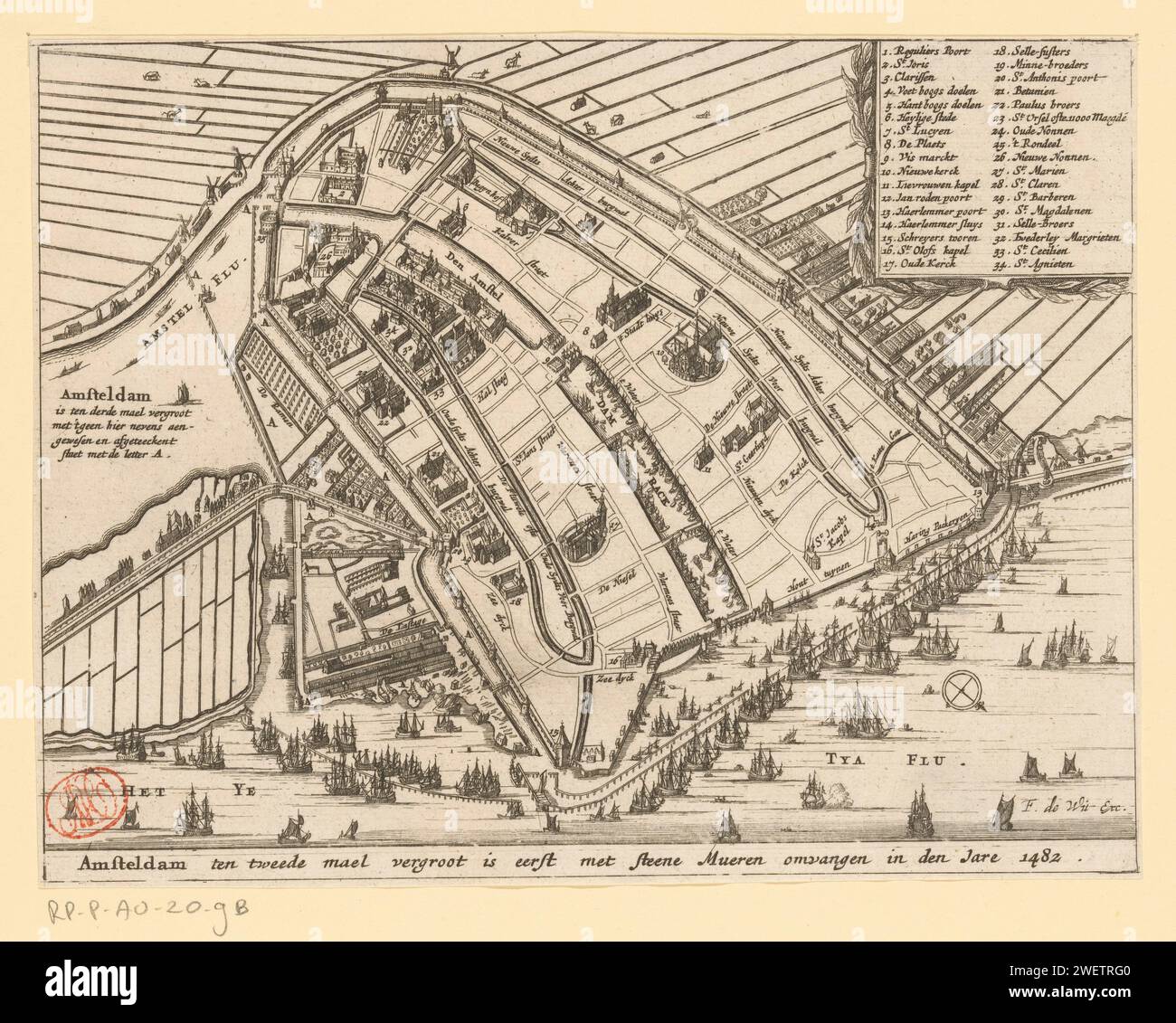 Map of Amsterdam, 1482, Anonymous, c. 1671 - c. 1680 print Map of Amsterdam as it would have ...