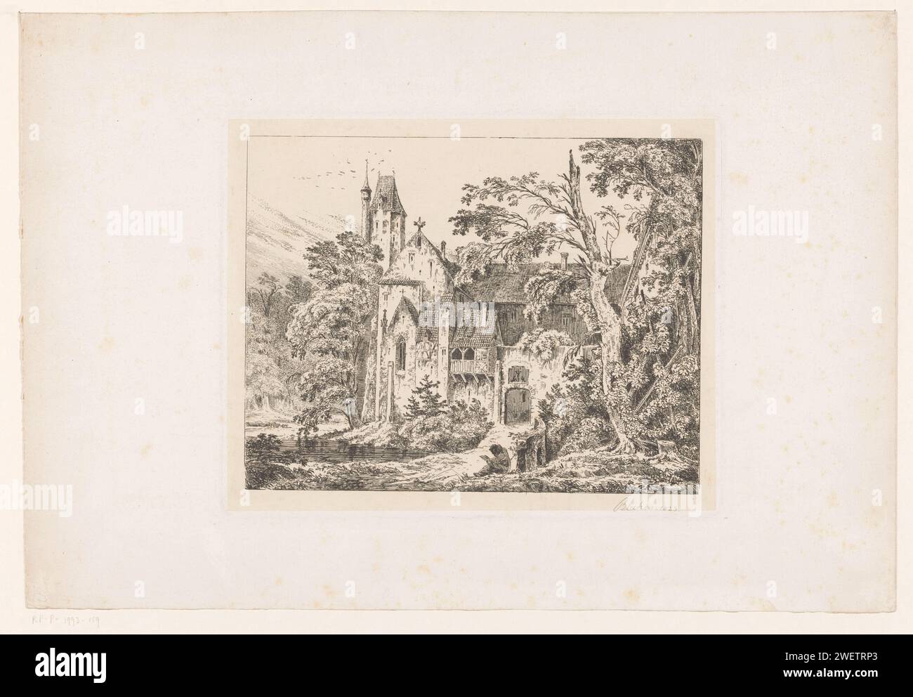 Monastery in a forest, in the foreground a reading monk, Karl Eduard ...