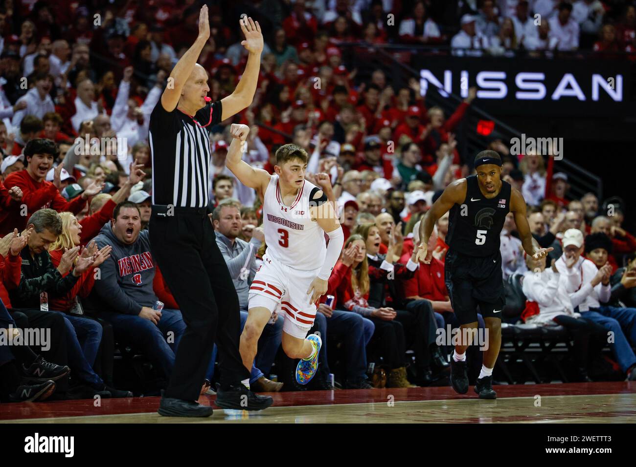 January 26, 2024: Wisconsin Badgers guard Connor Essegian (3) makes a 3 ...