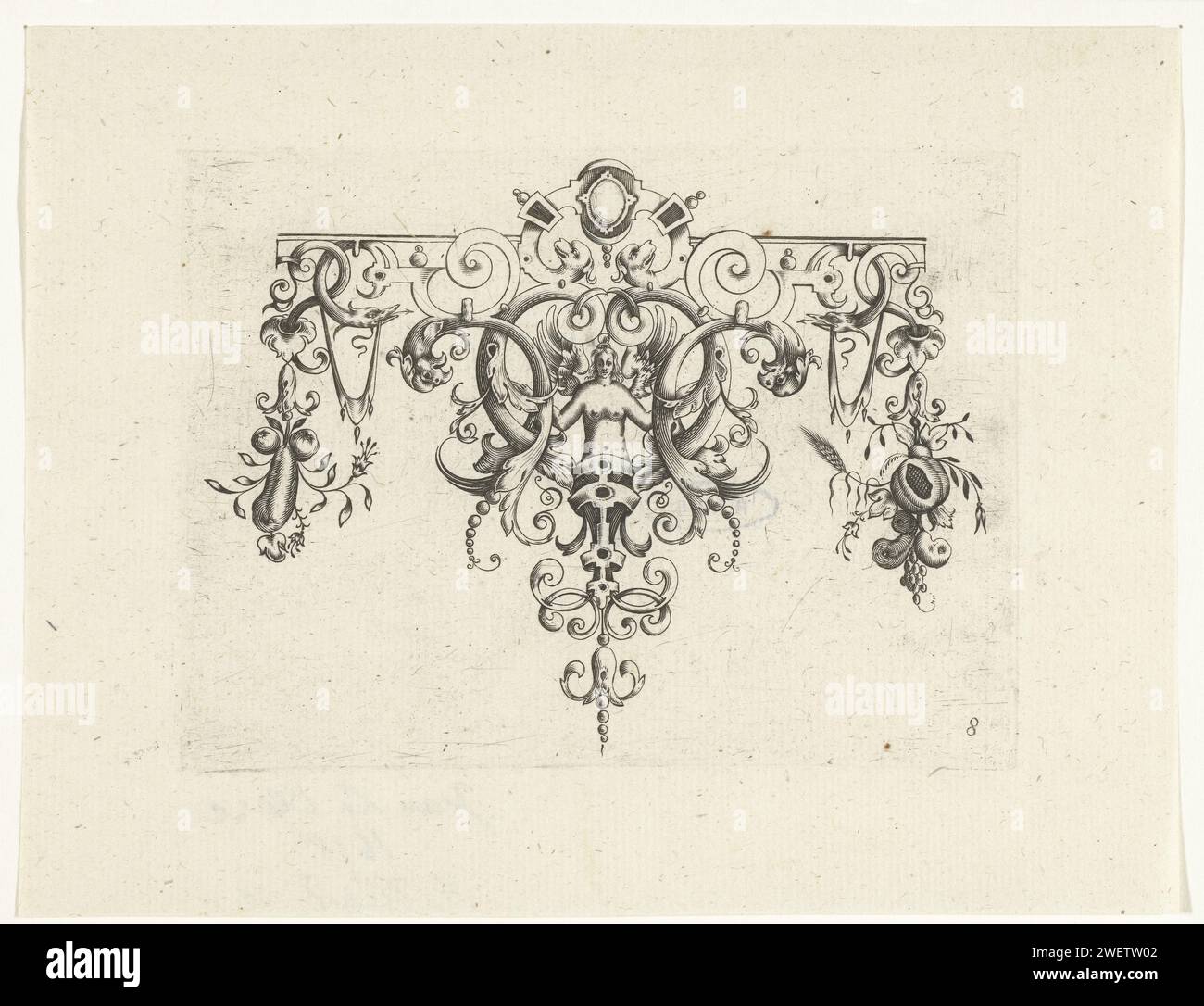 Edge ornament with winged female upper body, 1618 print From series of ...