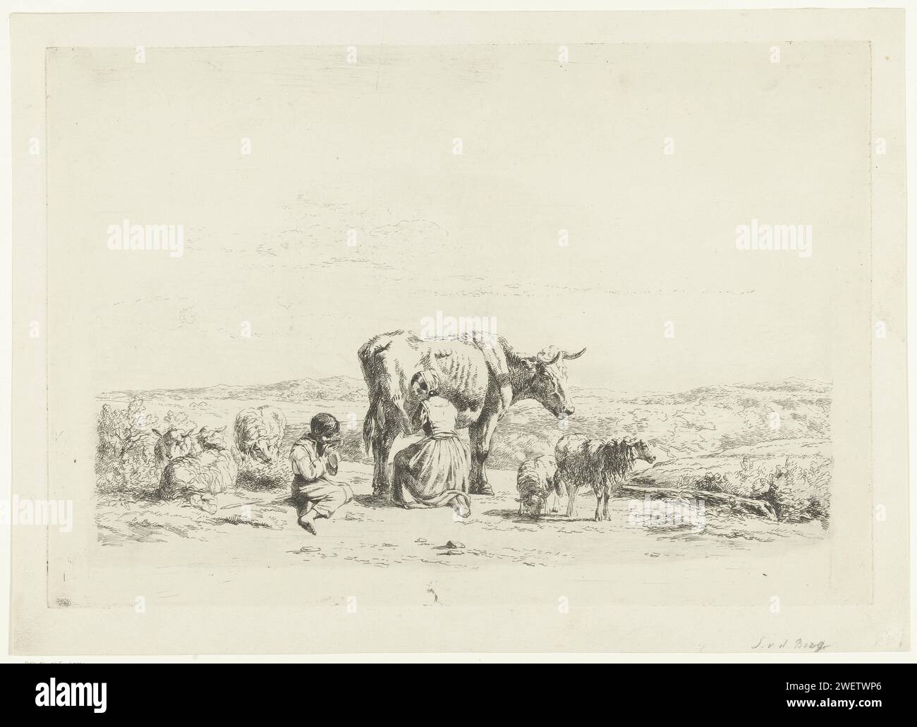 Landscape with wife who milks cow and boy with sheep, Simon van den ...