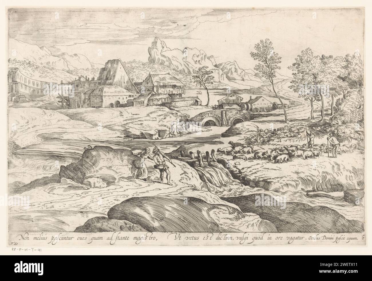 Landscape with river and shepherds, Anonymous, After Domenico Campagnola, After Titian, c. 1600 ...