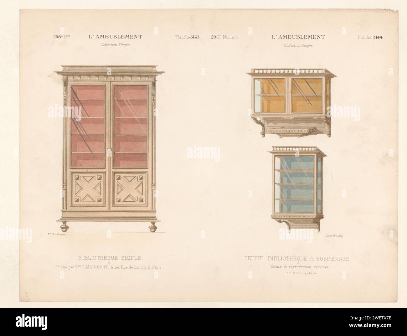 Three bookcases, Léon Laroche, 1895 print A standing and two hanging ...