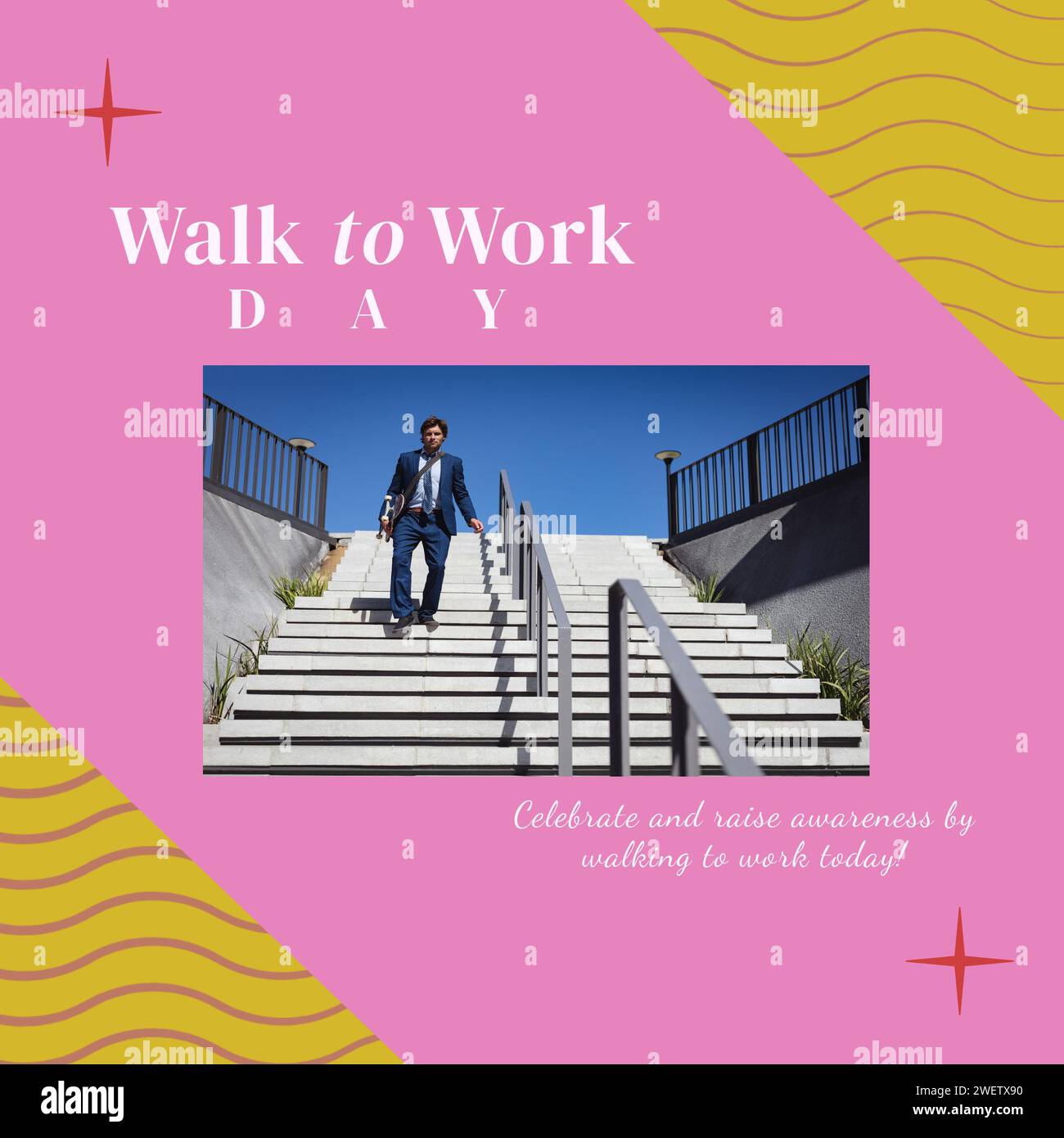 Composition of walk to work day text over caucasian businessman walking ...