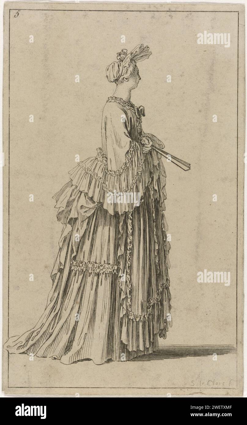 Lady with fontange, in dress with falbalas, to the right, 1685 print ...