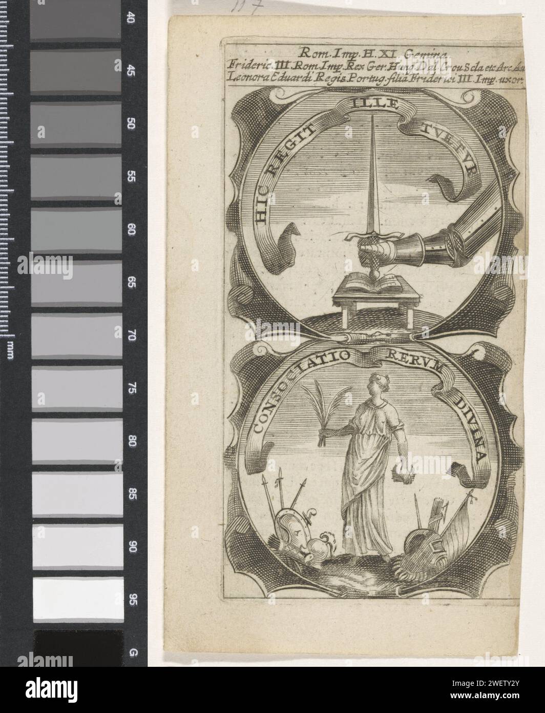 Harnessed arm with sword / woman with three palm branches, Anonymous ...