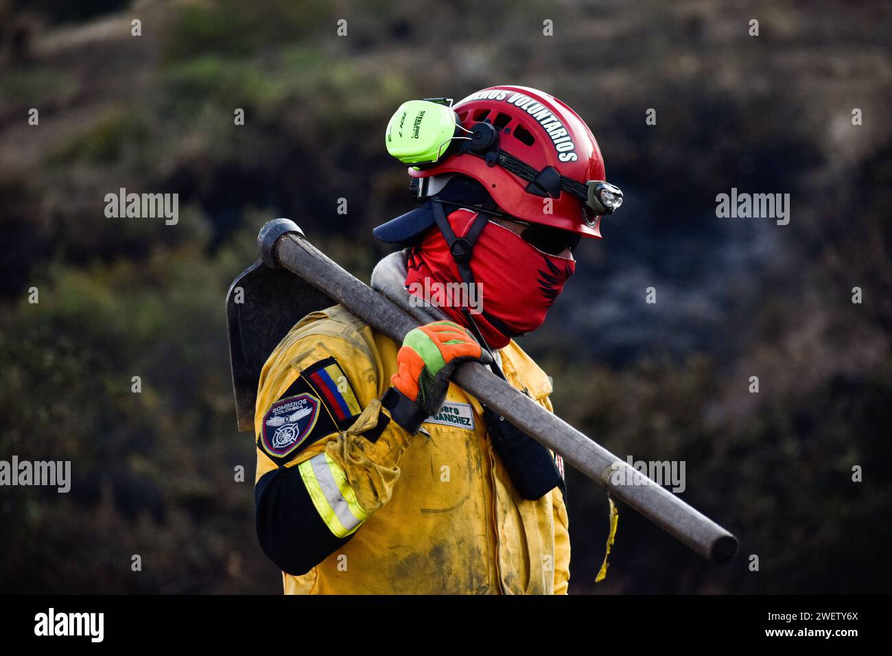 Bogota, Colombia. 25th Jan, 2024. Firefighters work to extinguish the ...