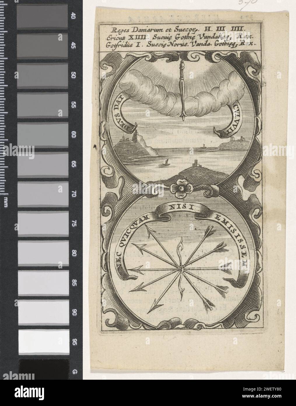 Scepter hanging above a landscape / five tied arrows, Anonymous, After ...