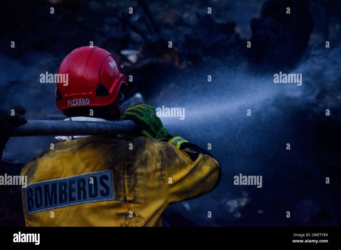 Bogota, Colombia. 25th Jan, 2024. Firefighters work to extinguish the ...