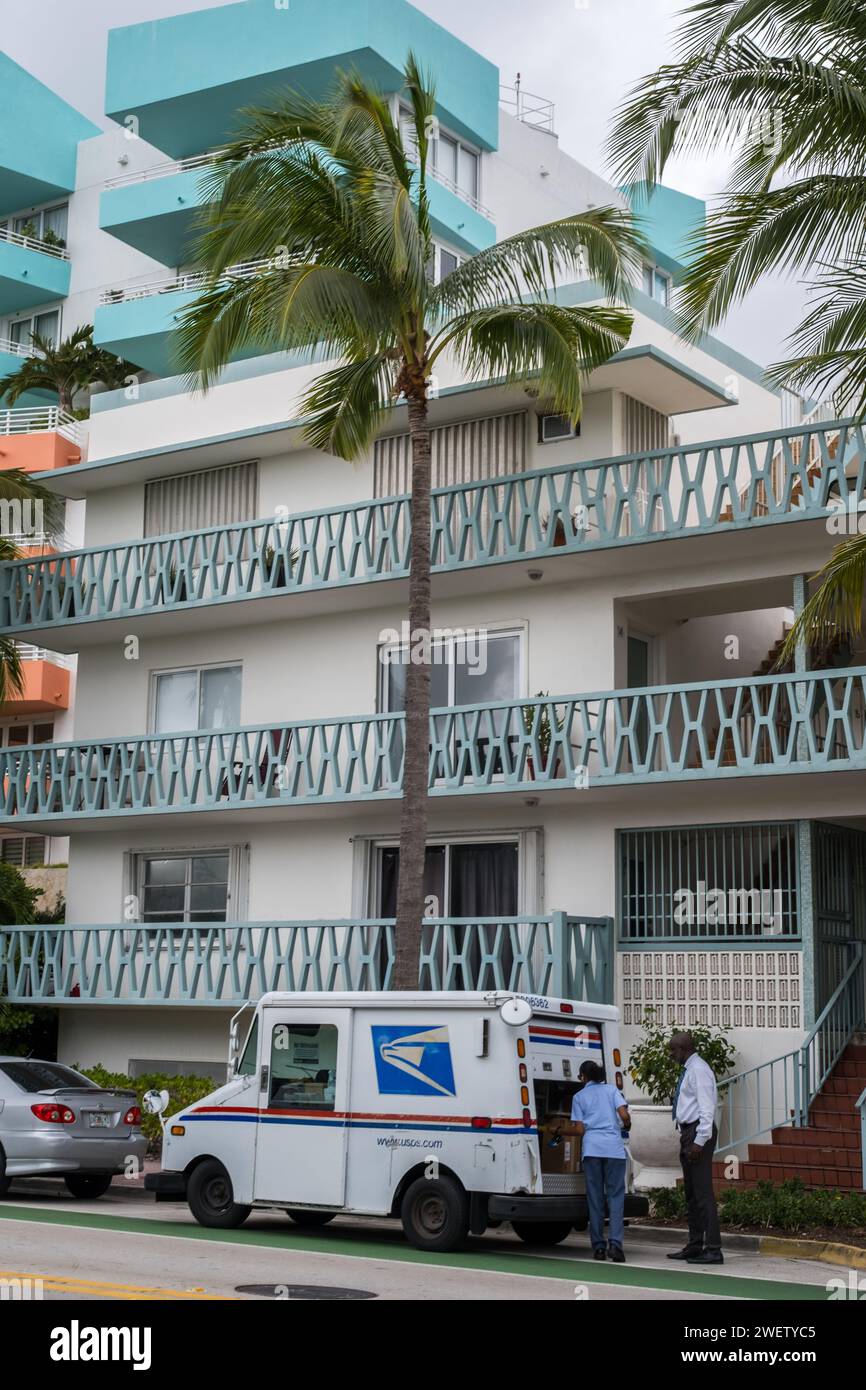 Miami, USA. 2 Nov, 2023. South Beach USPS mail delivery on Ocean Drive ...