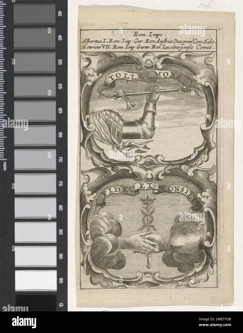 Harnessed arm with spear / two hands and a staff with a crowned ...