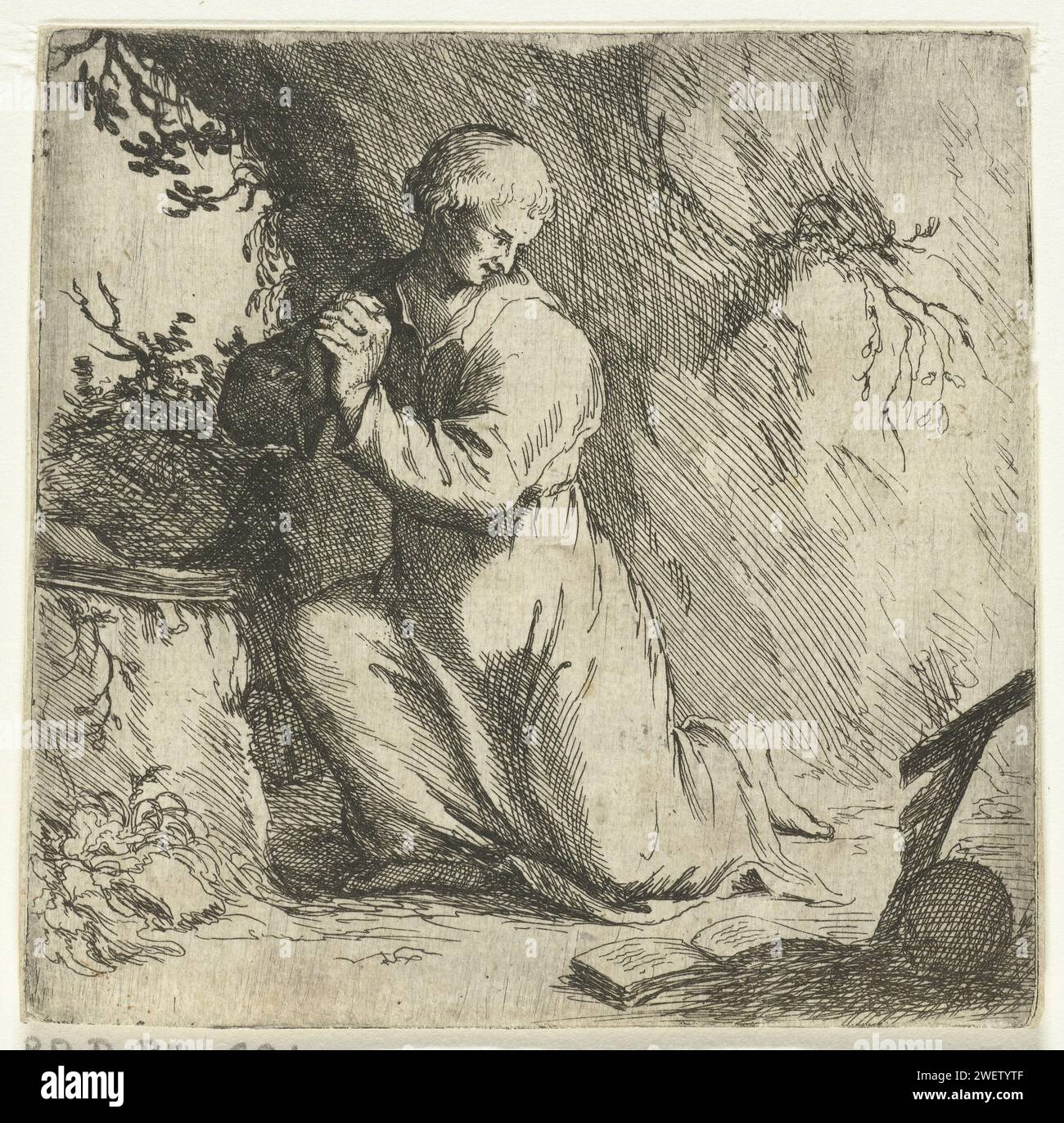 Praying hermit, Willem Basse, 1633 - 1672 print A hermit kneels in a ...