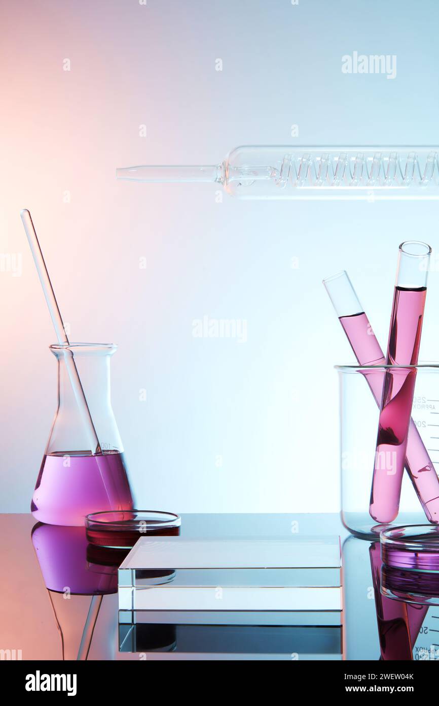 Lab theme with lab glassware filled colorful liquid and transparent ...