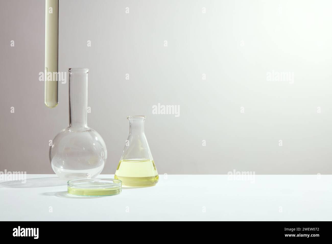 Science and medical background with boiling flask, erlenmeyer flask ...