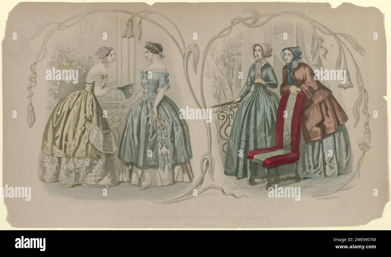 Godey's Ladies Book 1850 : Godey's Paris Fashions Americanized, c. 1850 Four women show the ...