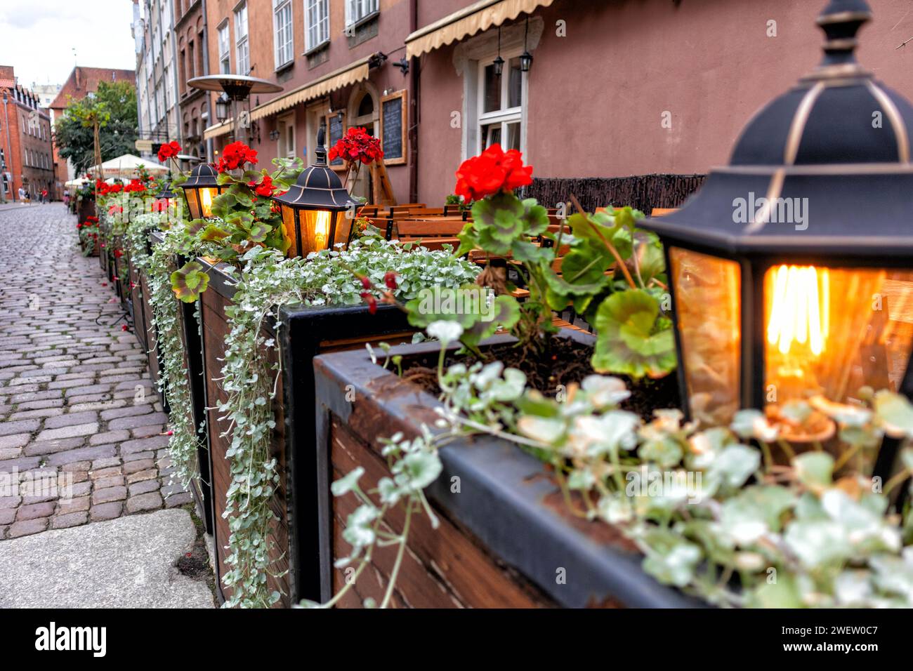 Red flowers in an outdoor terrace cafe with a lighting lamp between ...