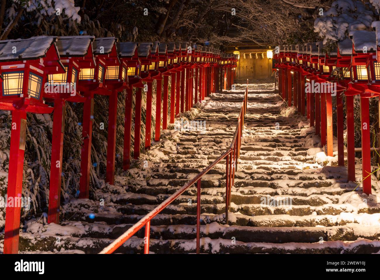Kifune shrine stone stairs and traditional light pole in snowy winter ...