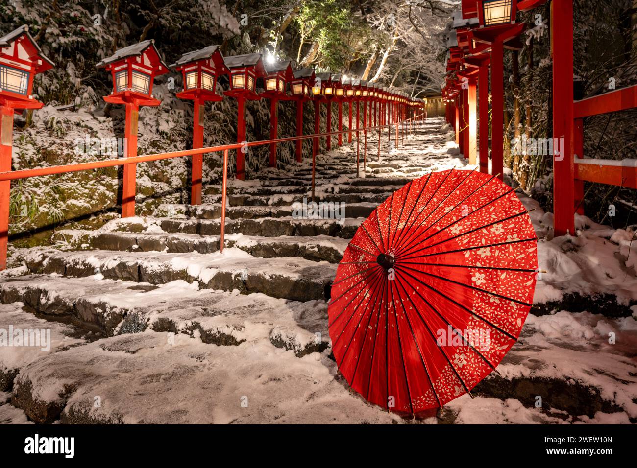 Snow in Kyoto, Japan. Kifune shrine traditional light pole in snowy ...