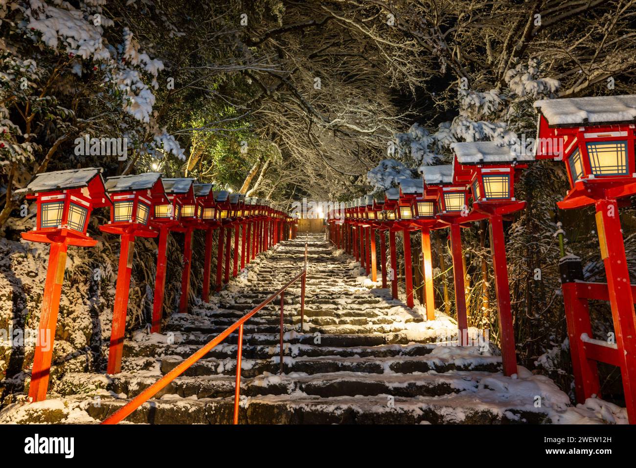 Kifune shrine stone stairs and traditional light pole in snowy winter ...
