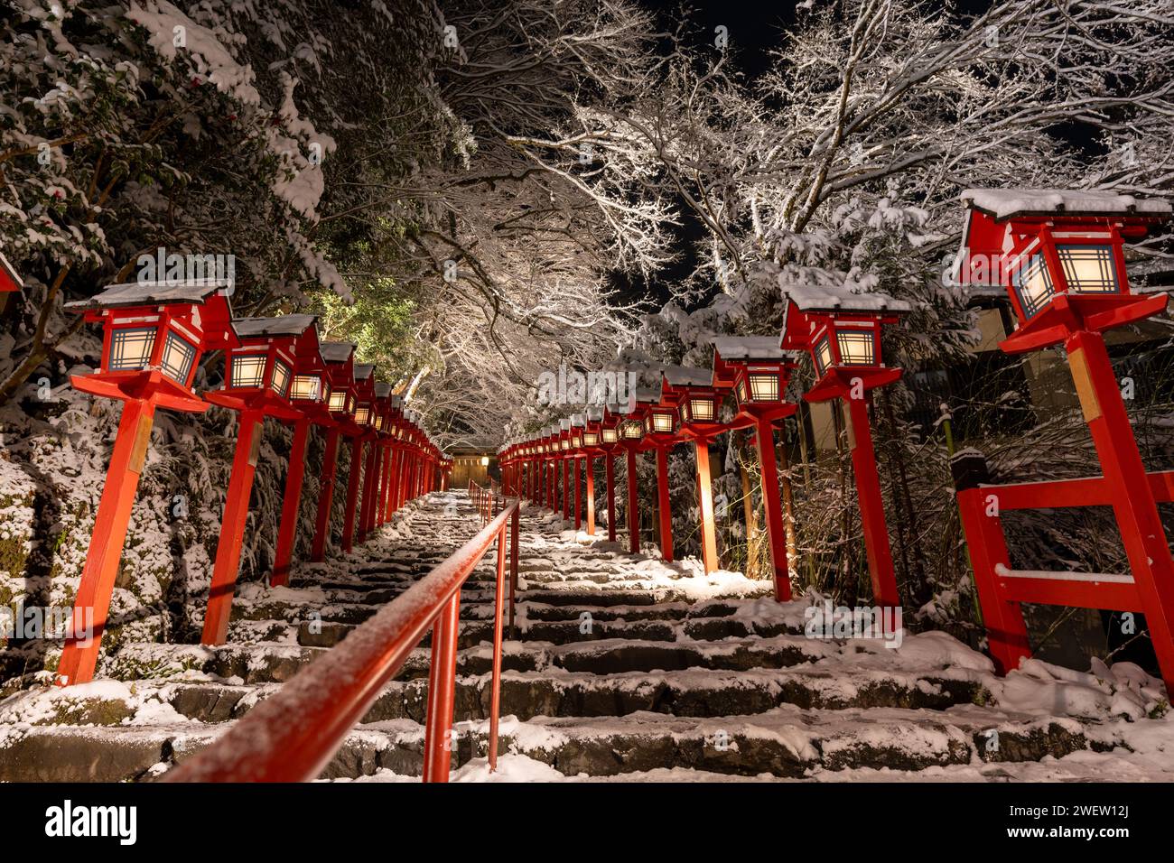 Kifune shrine stone stairs and traditional light pole in snowy winter ...